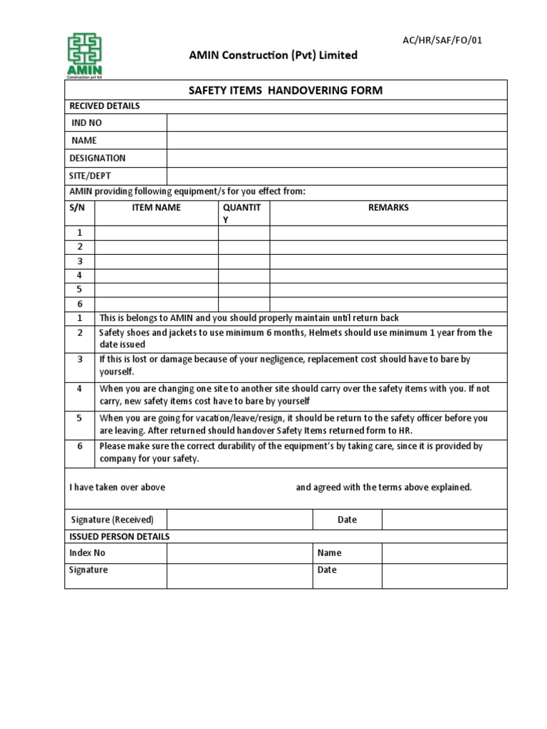 Safety Ppe's Handovering Form-2022 | PDF