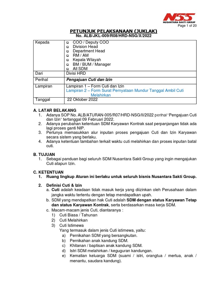 Juklak Pengajuan Cuti Dan Izin No ALB JKL-009 R08 HRD-NSG 221022 | PDF