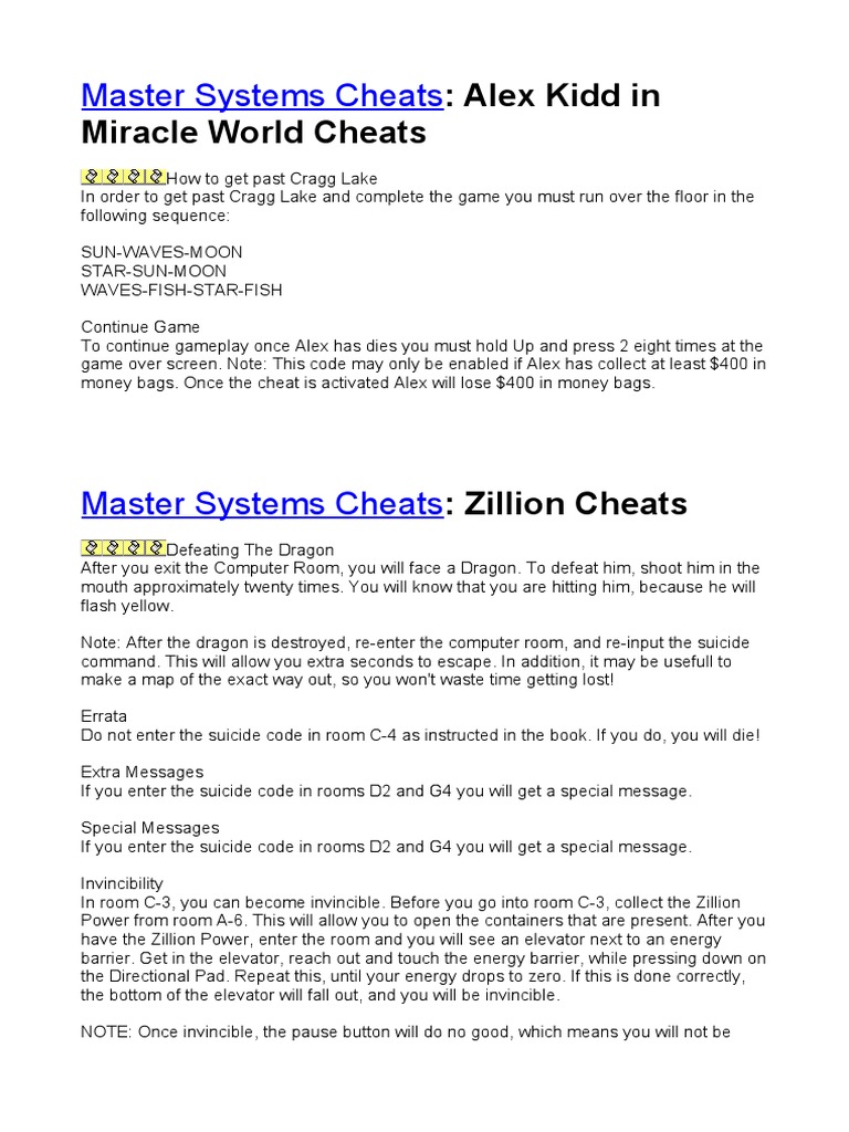 Master System Cheat Code Compendium | PDF