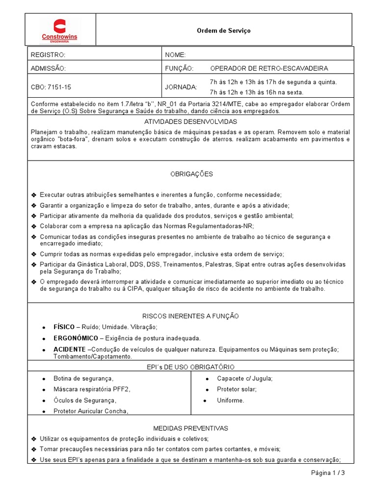 Ordem de Serviço OPERADOR DE RETROESCAVADEIRA | PDF Ordem de Serviço OPERADOR DE RETROESCAVADEIRA | PDF