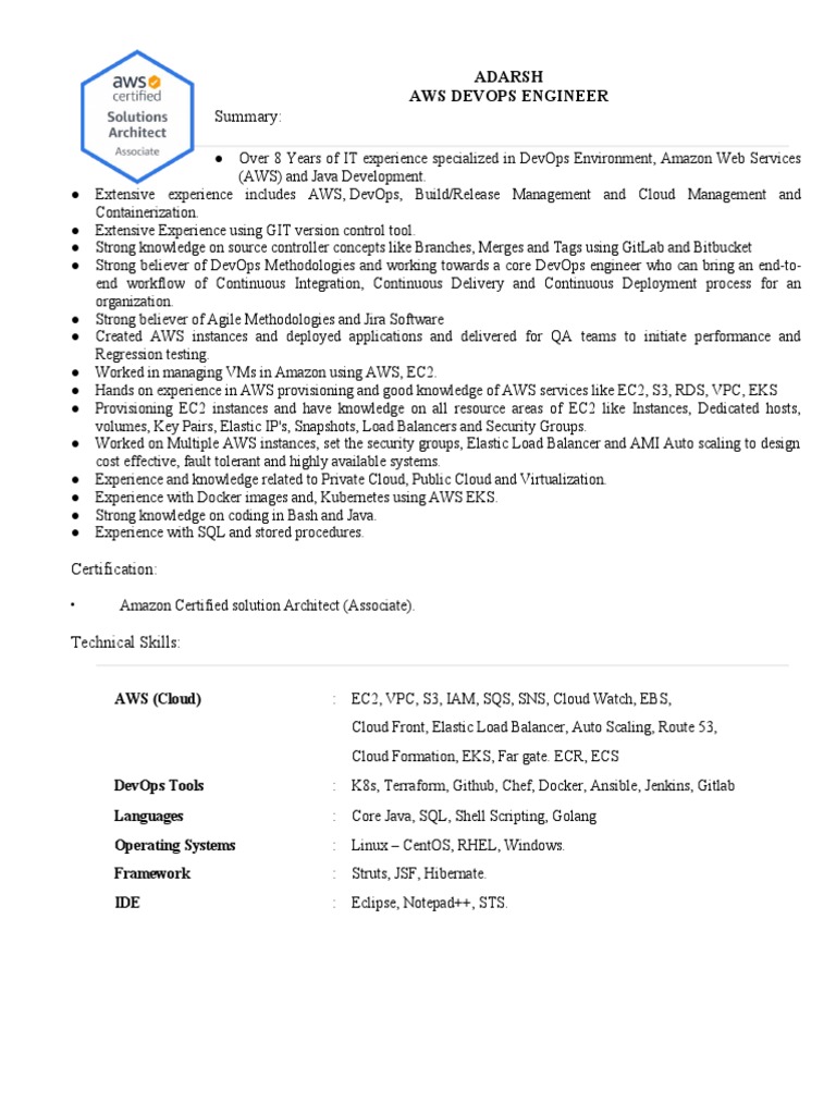 Summary:: Adarsh Aws Devops Engineer | PDF | Amazon Web Services | Cloud Computing