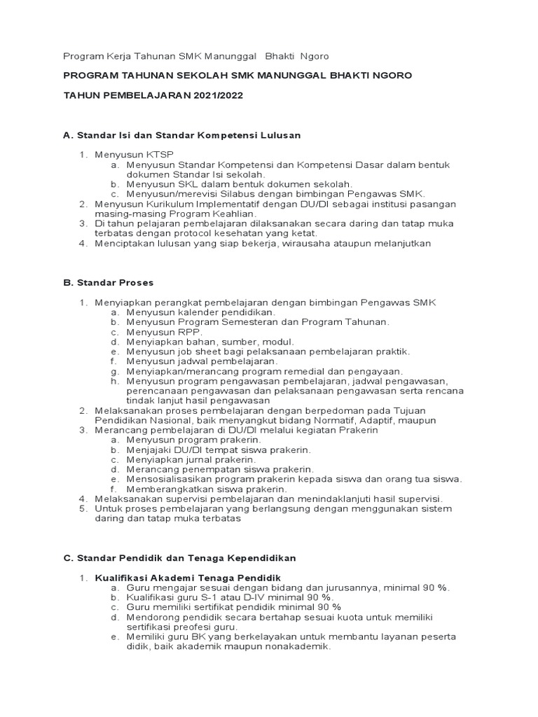 Program Kerja Tahunan SMK Manunggal Bhakti Ngoro | PDF