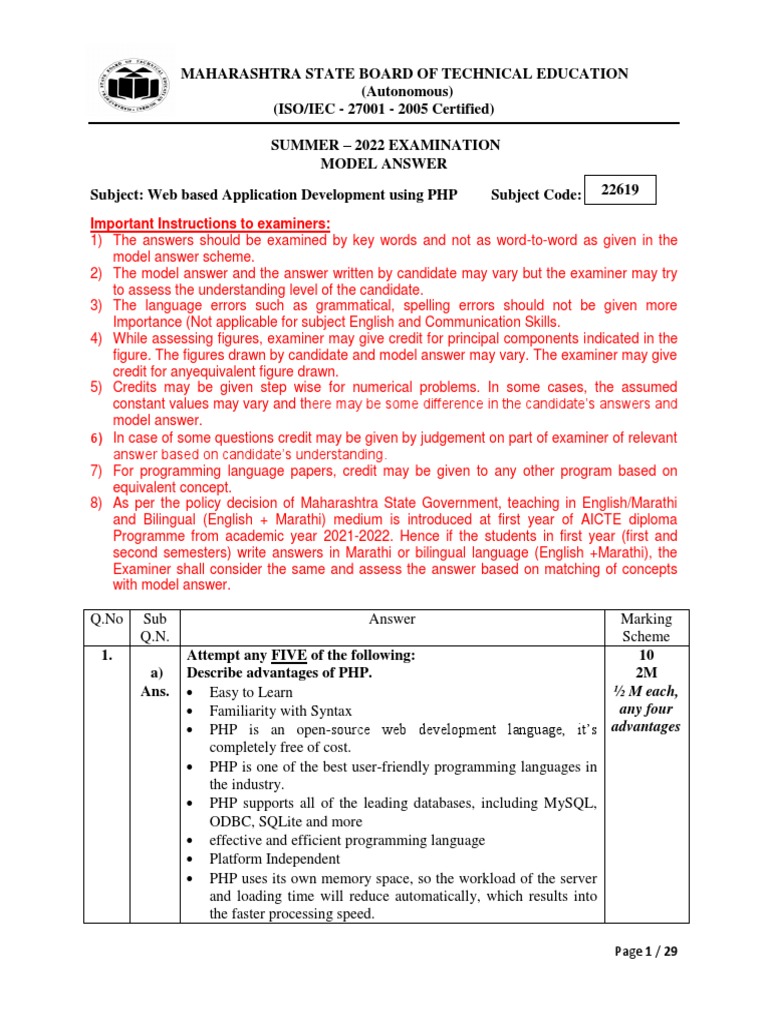 Important Instructions To Examiners:: M Each, Any Four Advantages | PDF | Php | Http Cookie