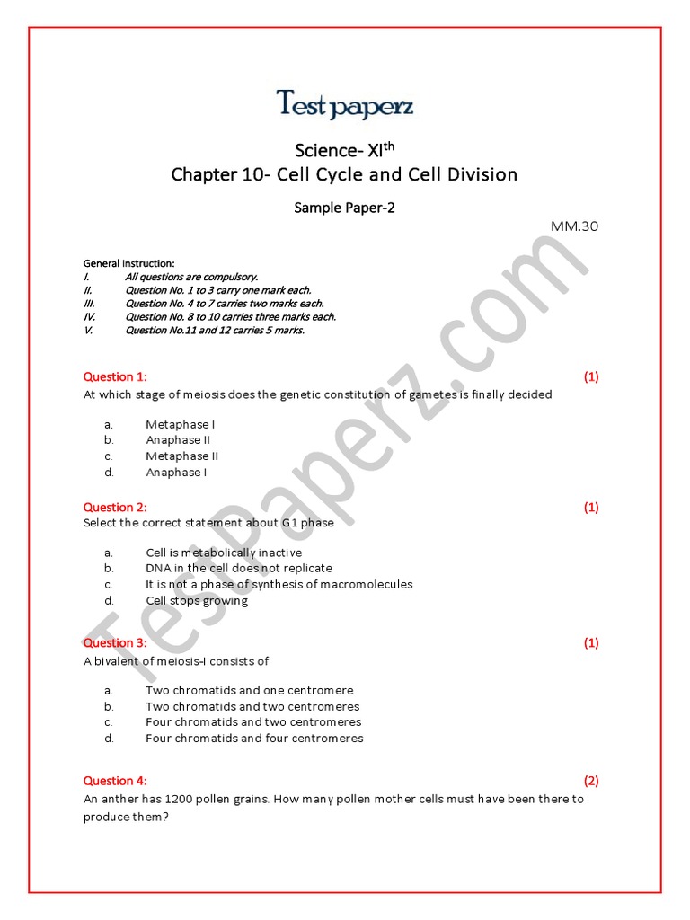 Cell Cycle and Cell Division Sample Paper 2 | PDF | Meiosis | Mitosis