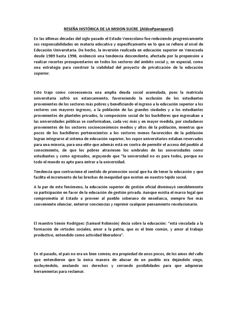 Reseña Histórica de La Mision Sucre | PDF