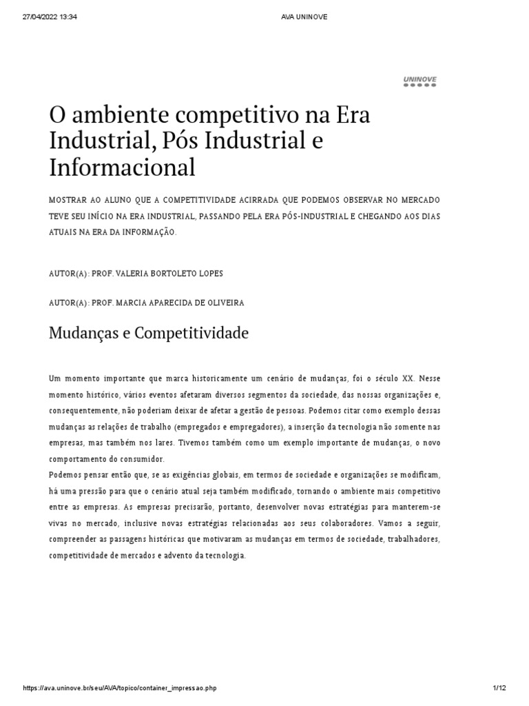 1 - O Ambiente Competitivo Na Era Industrial, Pós Industrial e ...