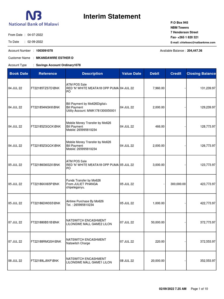 Interim Statement: Book Date Debit Credit Reference Description Value Date Closing Balance | PDF ...