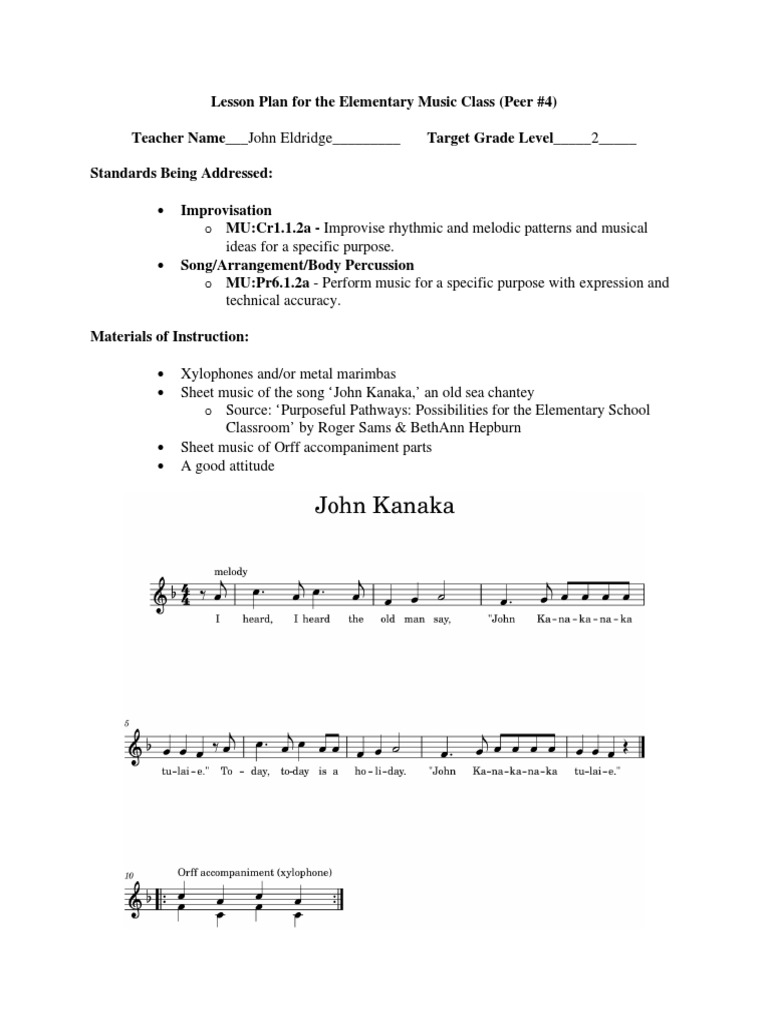 2nd Grade Music Lesson: John Kanaka | PDF | Lesson Plan | Songs