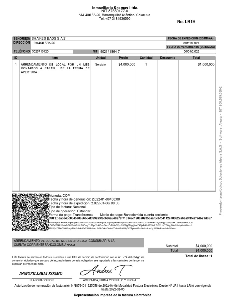 Factura de Arrendamiento de Local 2022 | PDF | Pagos | Servicios ...