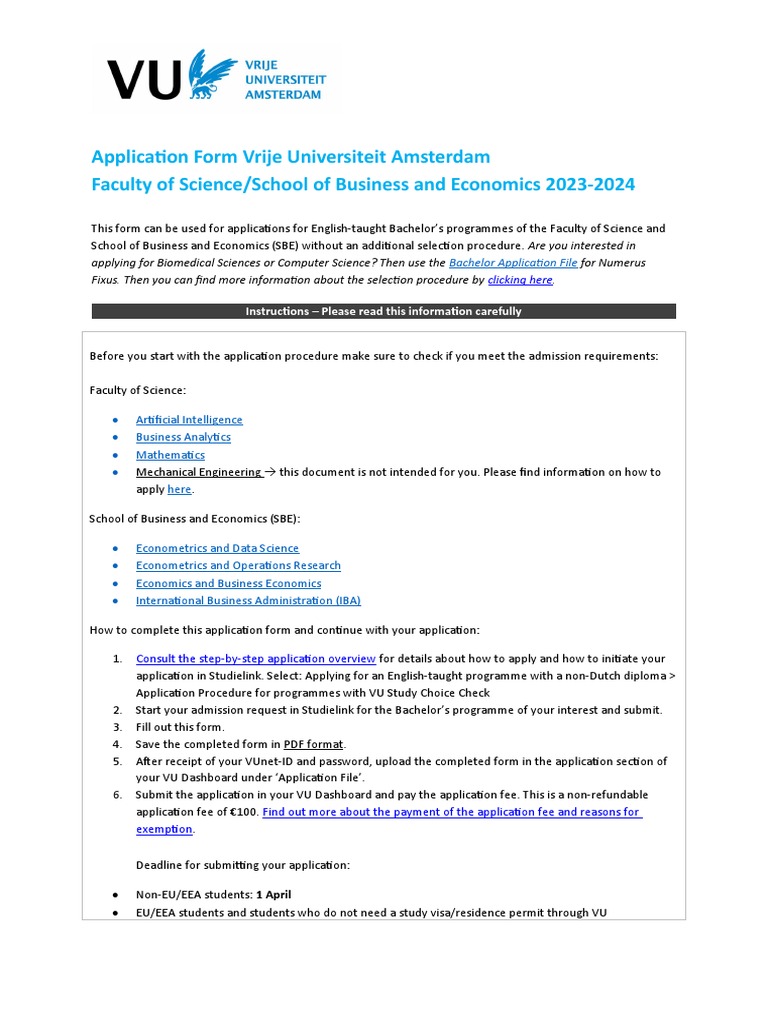 VU Amsterdam - Bachelor Application File - FS and SBE 2023-2024 | PDF ...