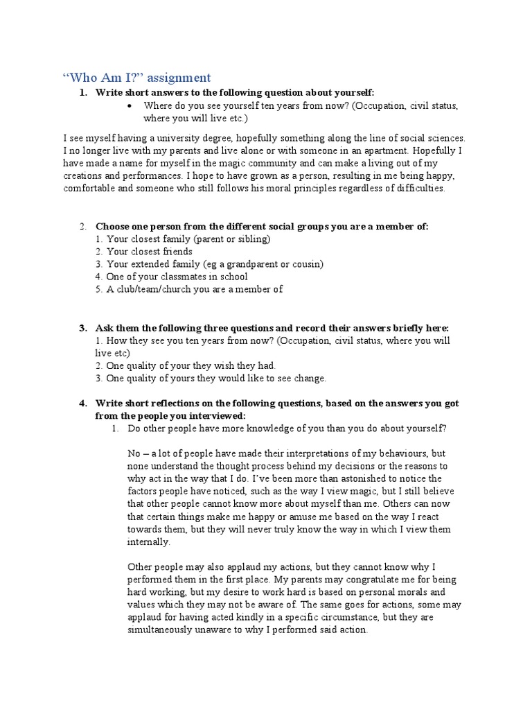 Who Am I Assignment Instructions | PDF | Psychology | Psychological ...