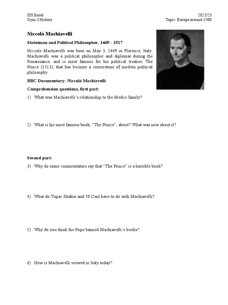 Niccolò Machiavelli - Questions BBC Documentary | PDF