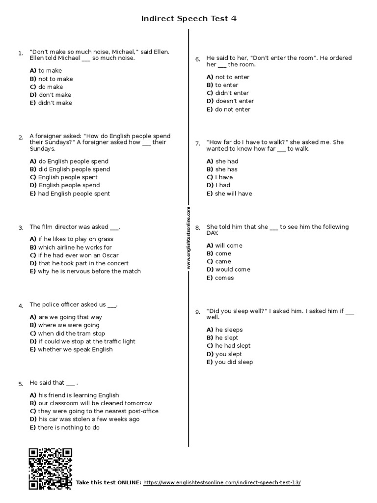 Indirect Speech Test for Students | PDF