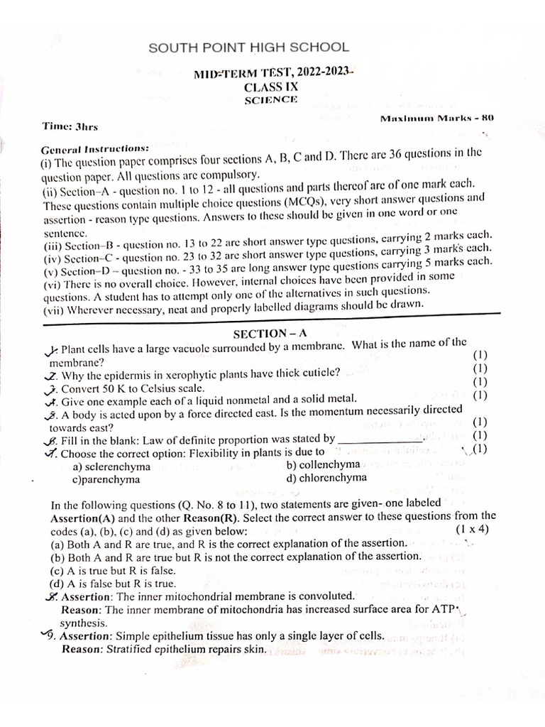 SPHS Science Mid-Term Examination 2022-2023 | PDF