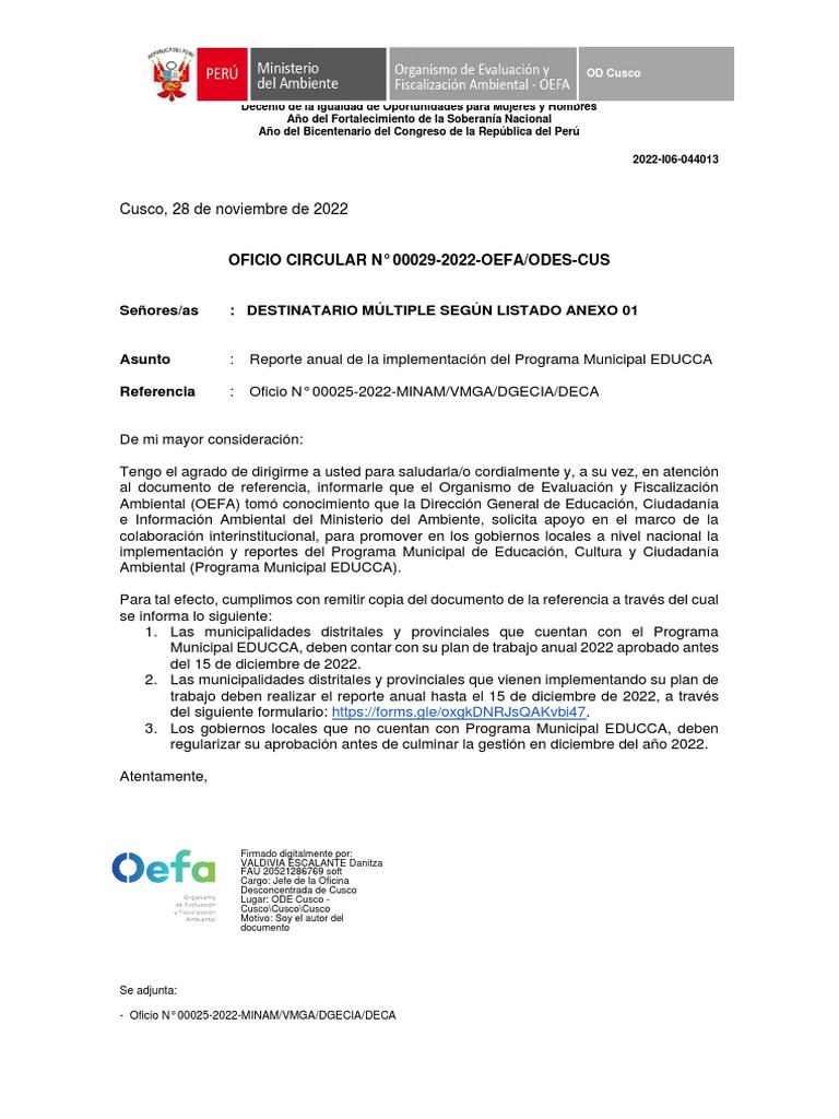 OFICIO CIRCULAR N 0029-2022-OEFA - EDUCCA - Oficio 025-2022-MINAM | PDF | América del Sur ...