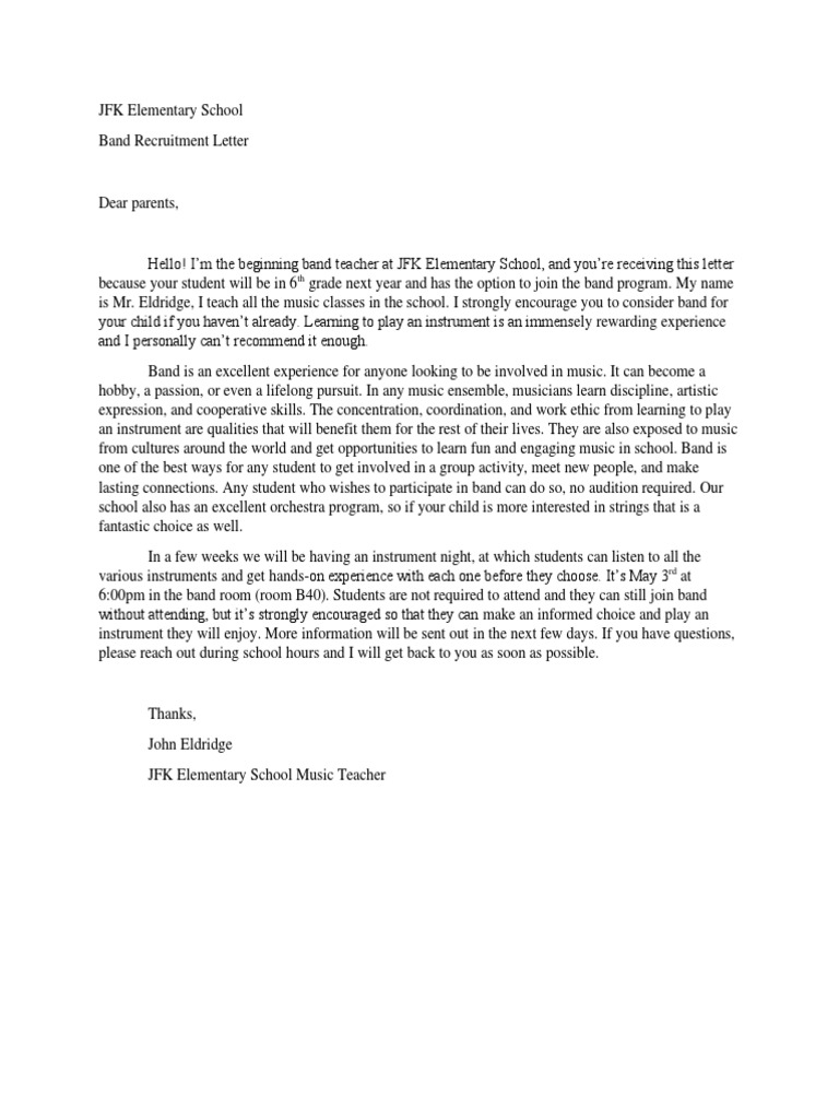 Beginning Band Example Recruitment Outline Letter | PDF | Clarinet ...