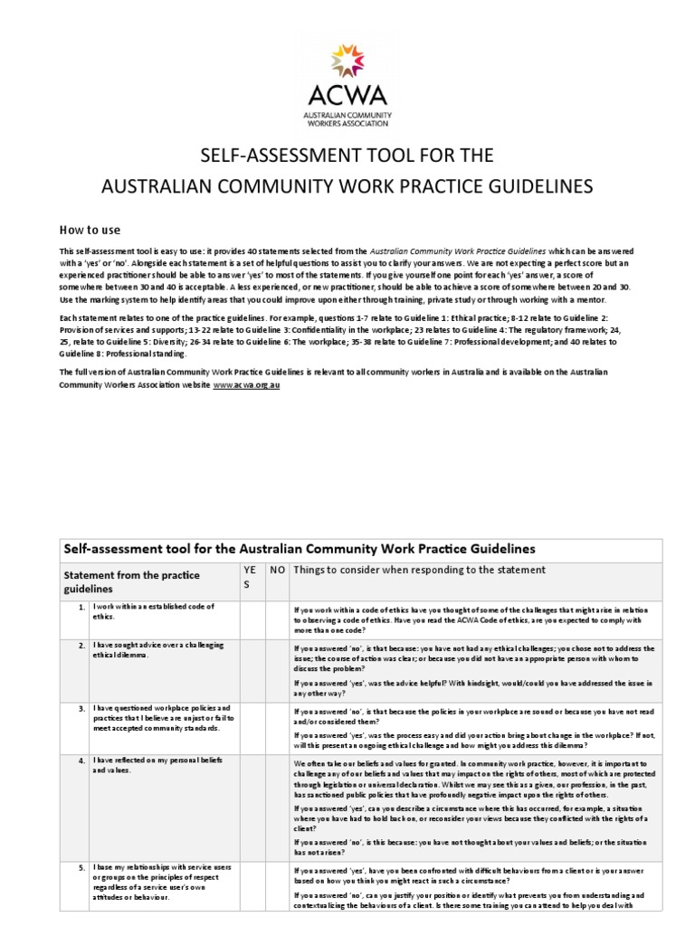 ACWA Self Assessment Tool Practitioners 1 | PDF | Privacy | Mentorship