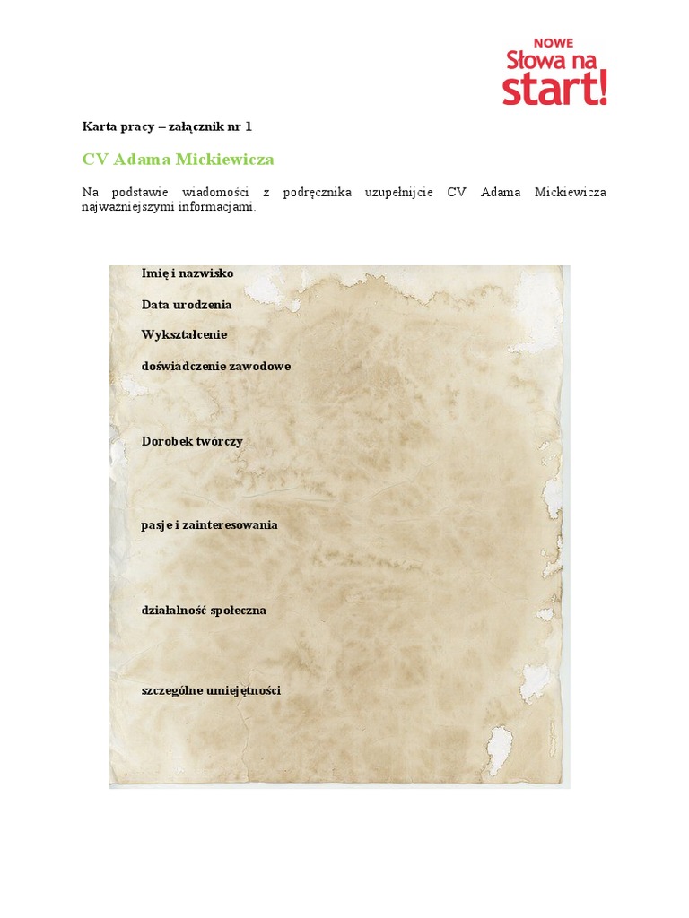 Rozdzial 4 Temat 49 Karta Pracy CV Adama Mickiewicza | PDF