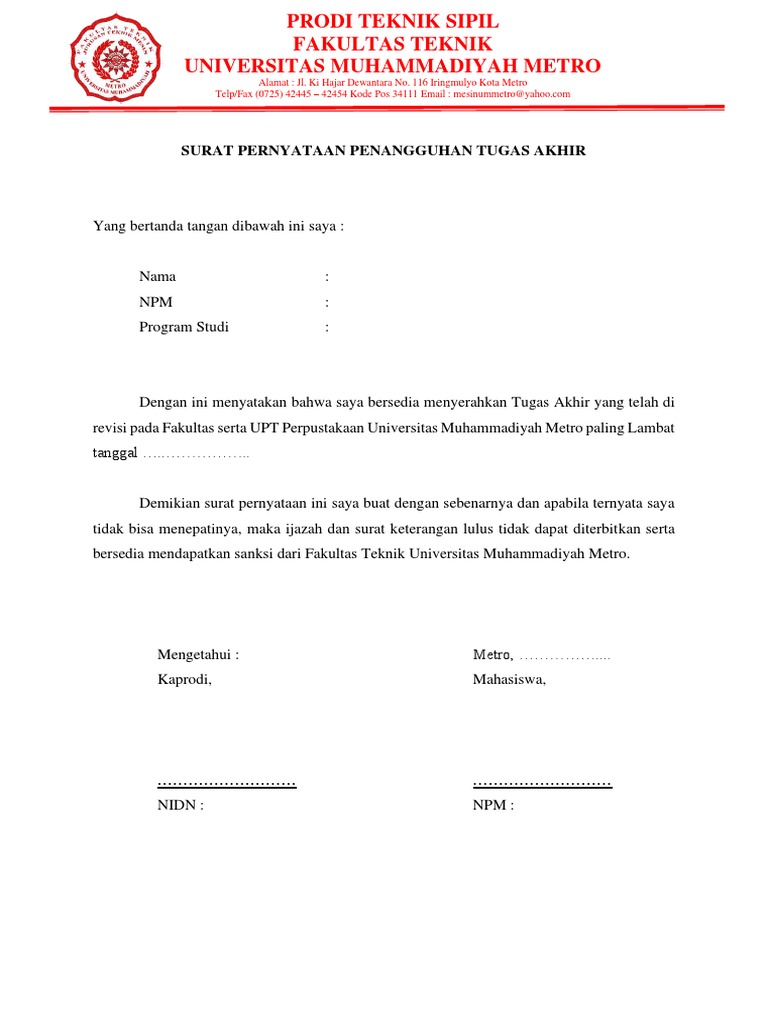Surat Pernyataan Penangguhan Tugas Akhir | PDF | Teknologi & Rekayasa