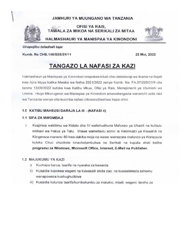 Tangazo La Kazi Kinondoni MC | PDF Tangazo La Kazi Kinondoni MC | PDF