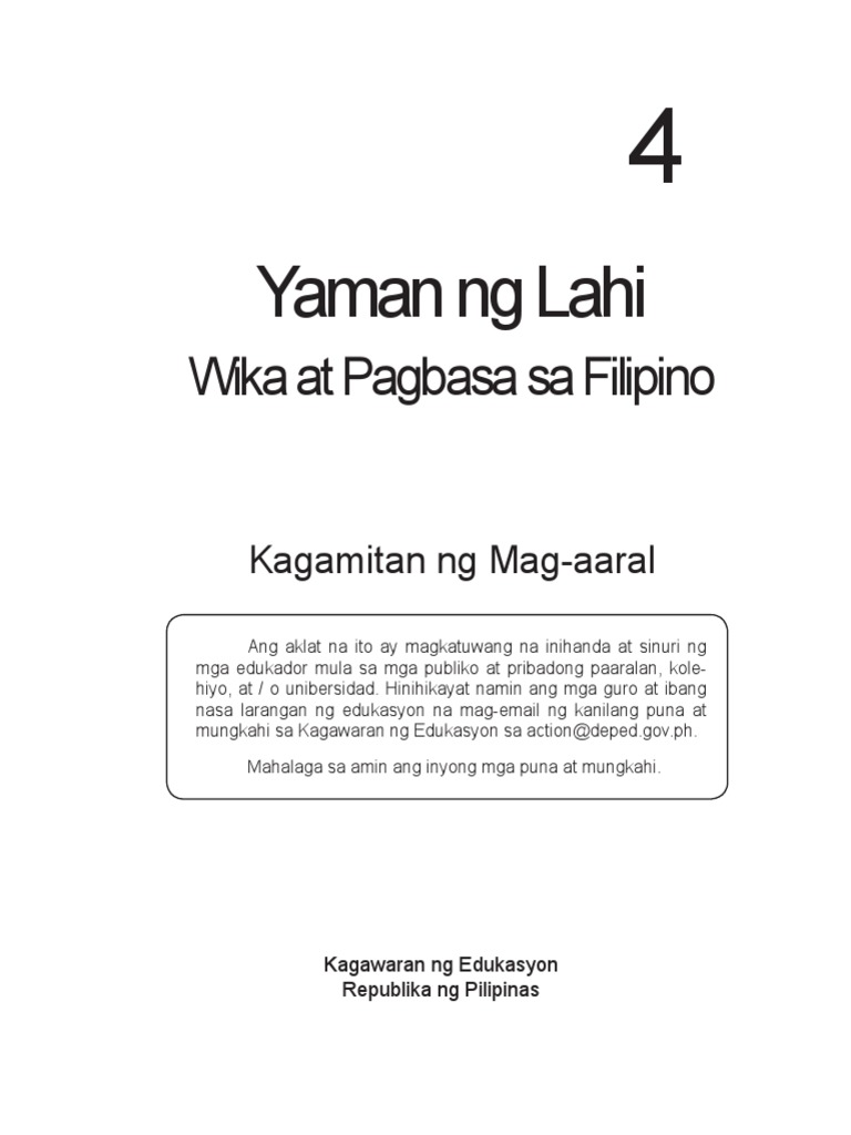Yaman NG Lahi-Wika at Pagbasa Sa Filipino 4. Yunit III Kagamitan NG Mag-Aaral | PDF