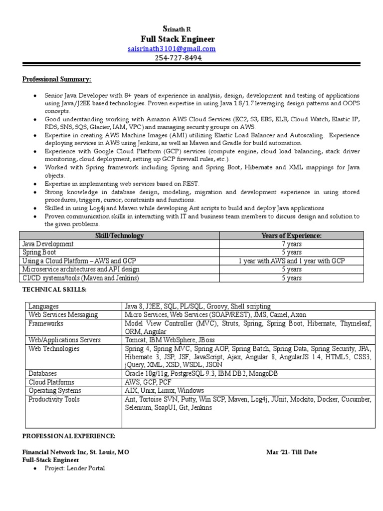 S Full Stack Engineer: Professional Summary | PDF | Spring Framework | Representational State ...