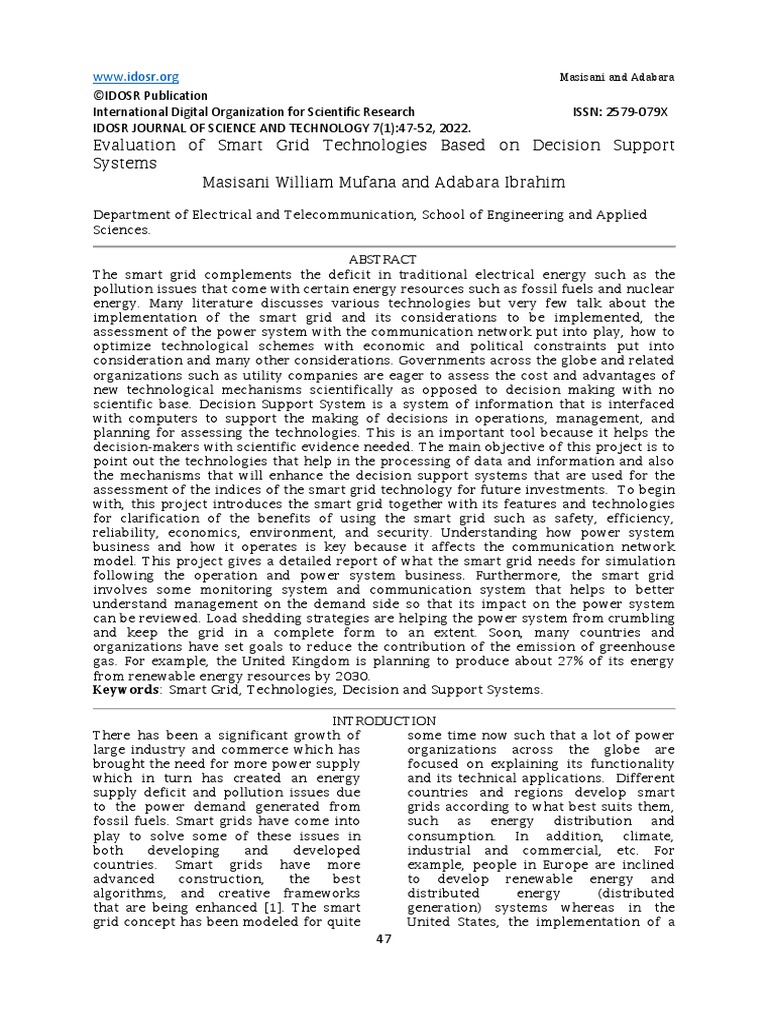Evaluation Of Smart Grid Technologies Based On Decision Support System Pdf Smart Grid