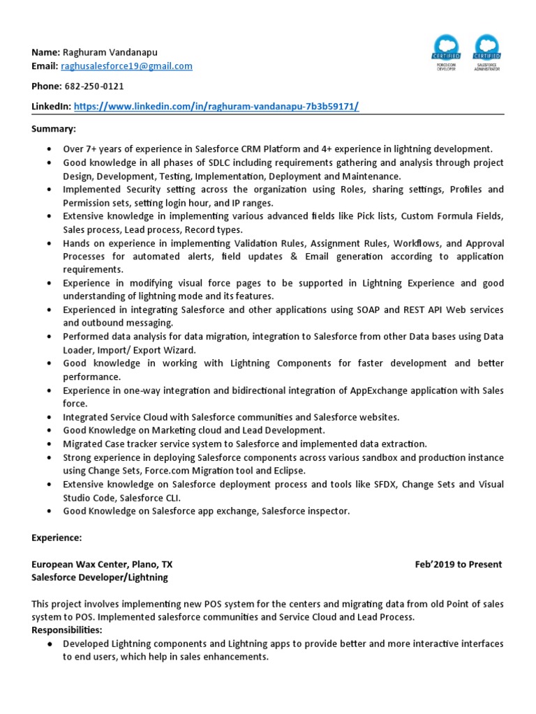 Raghuram Vandanapu's Salesforce Developer Resume Highlighting Over 7 ...