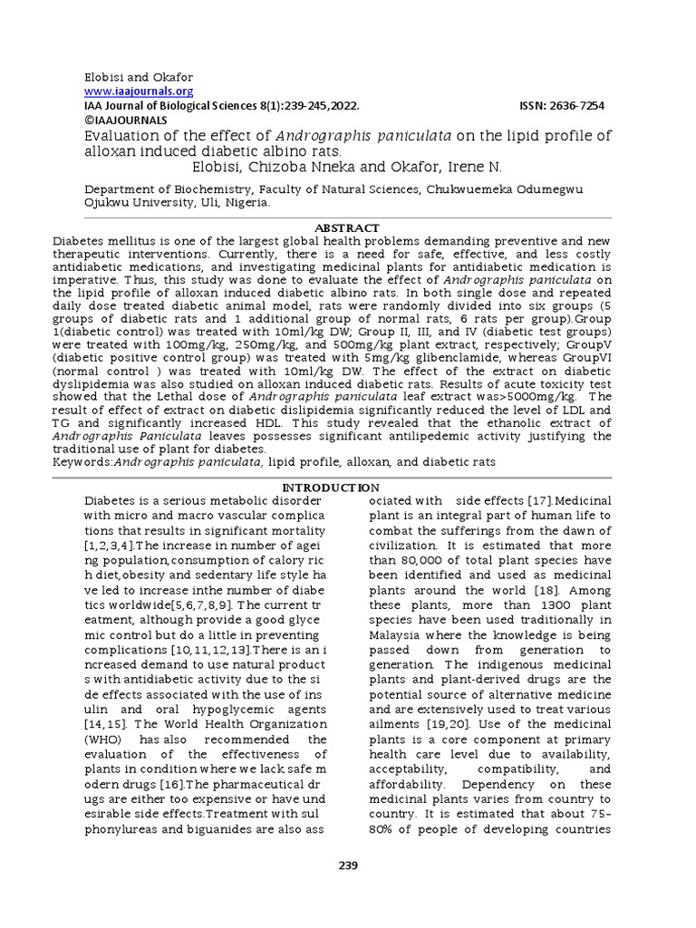 Evaluation of The Effect of Andrographis Paniculata On The Lipid ...