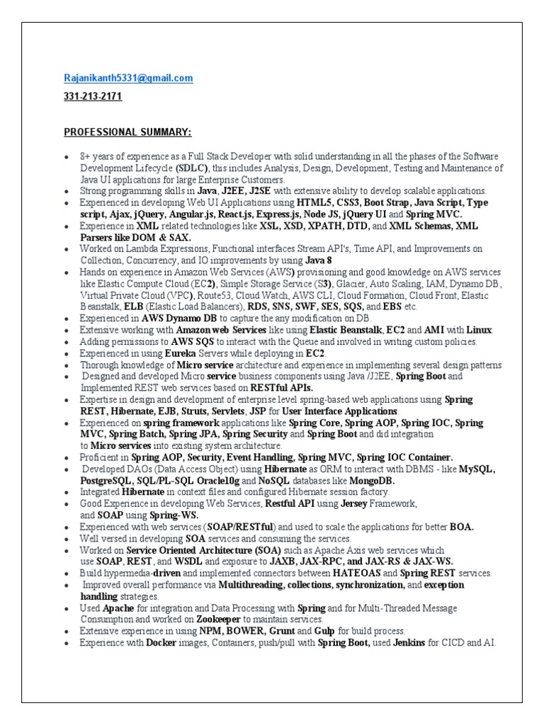 331-213-2171 Professional Summary | PDF | Spring Framework | Web Service