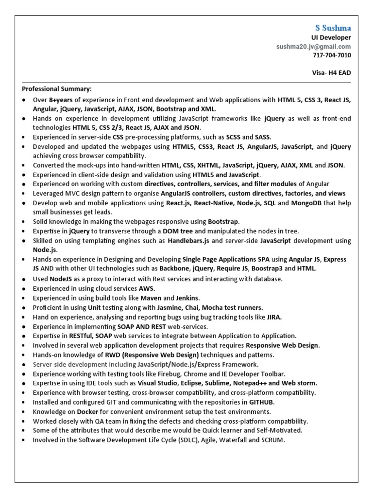 UI Developer: S Sushma | PDF | J Query | Angular Js