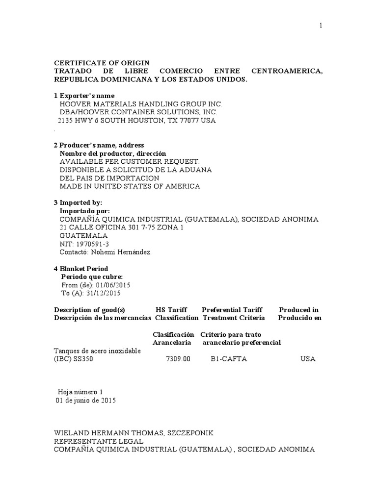 Certificado de Origen CAFTA-DR 2015 | PDF | Economía mundial | Business