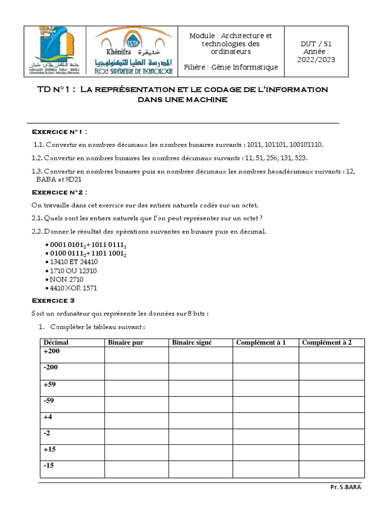 TD N°1: La Représentation Et Le Codage de L'information Dans Une Machine | PDF