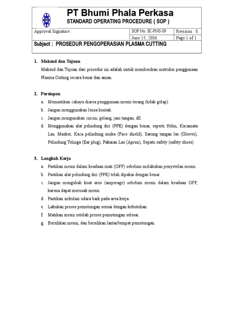 Toaz - Info Sop Plasma Cutting PR | PDF
