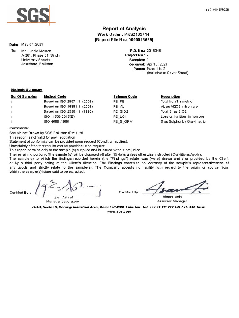 Analysis of Iron Ore Sample from Sindh University Society Mine ...