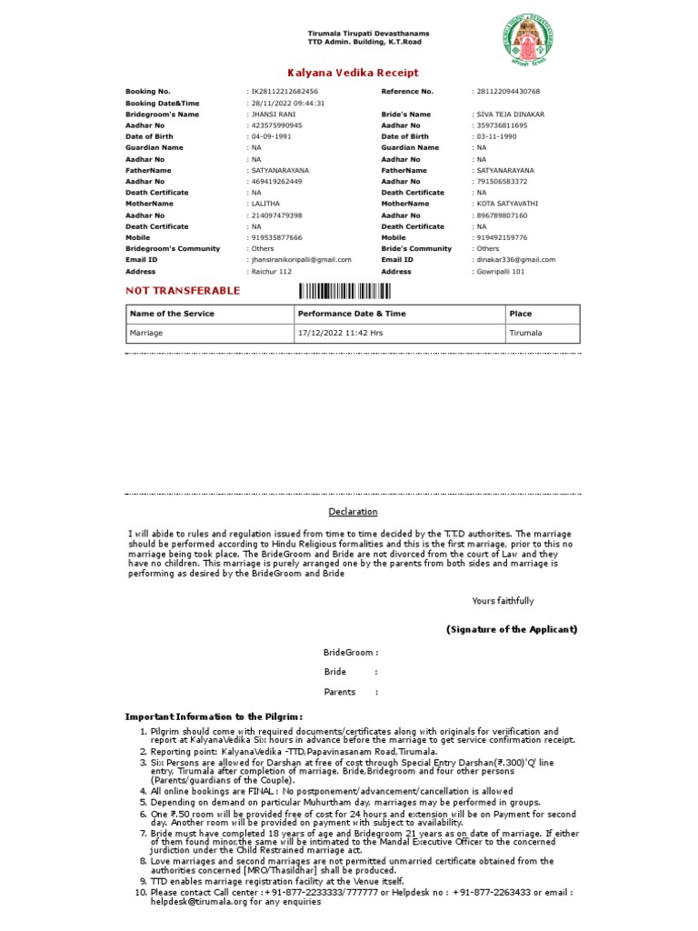 Tirumala Marriage Booking Receipt | PDF | Marriage | Wedding