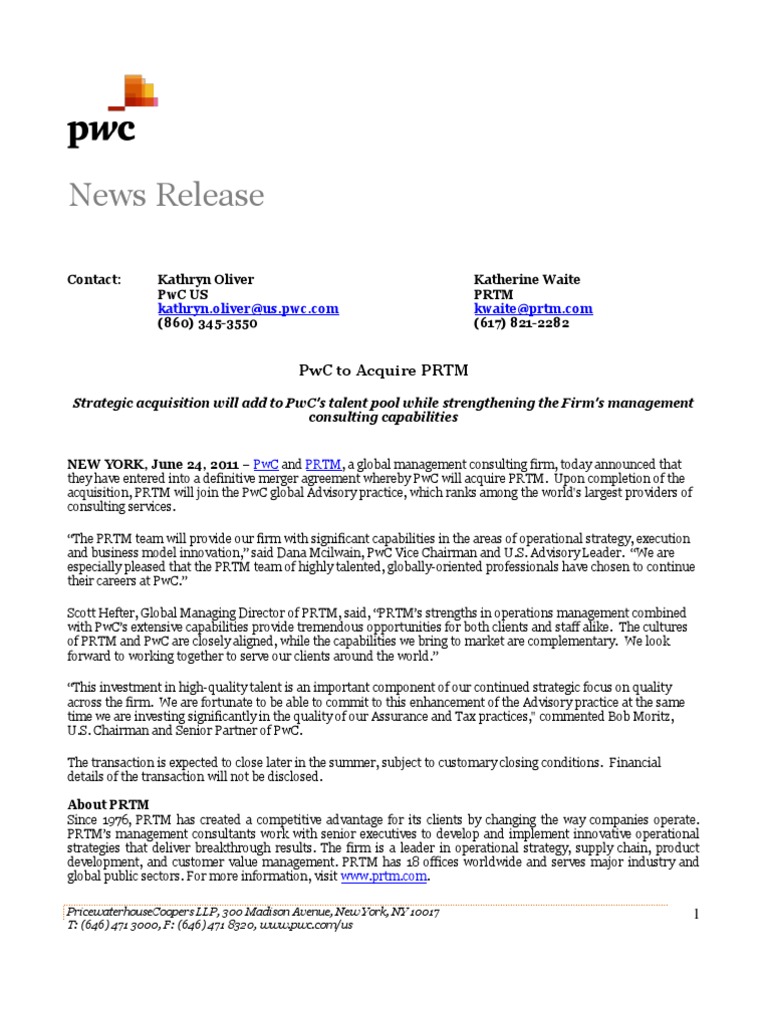 PWC To Acquire PRTM | PDF | Pricewaterhouse Coopers | Mergers And ...