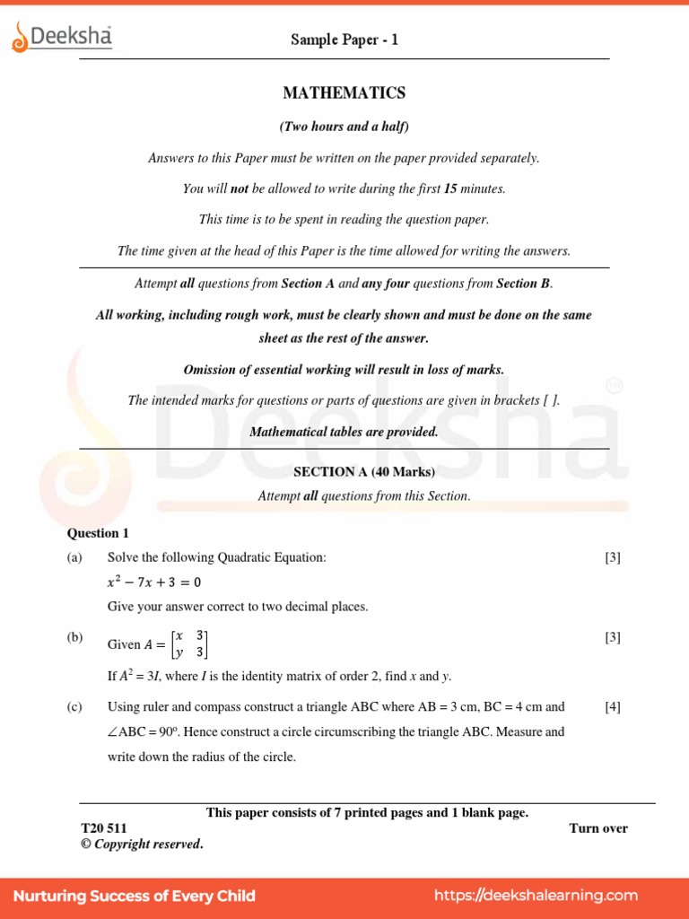 ICSE Class 10 Maths Sample Paper 1 2021 | PDF