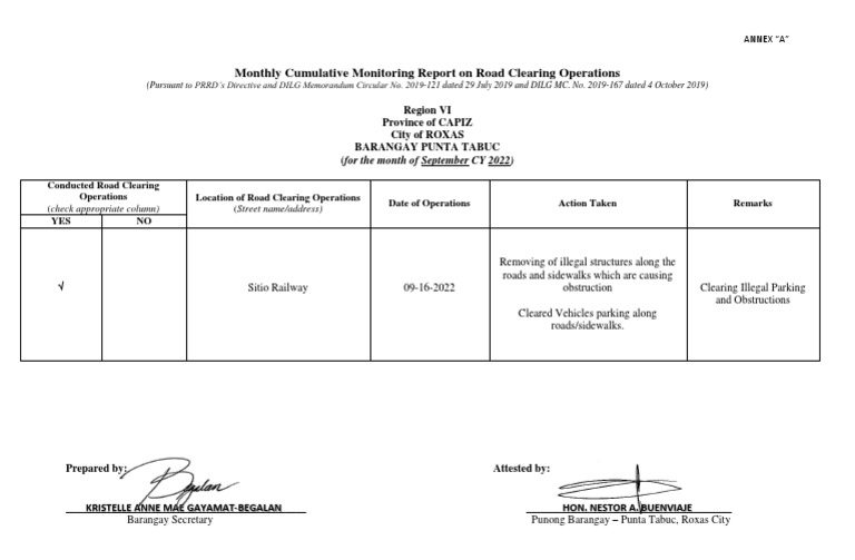 Barangay Road Clearing Report - Sept 2022 | PDF