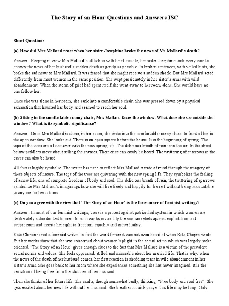 The Story of An Hour Questions and Answers ISC | PDF