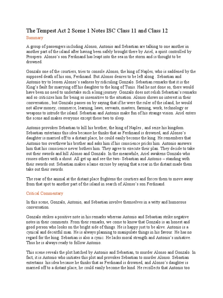 The Tempest Act 2 Scene 1 Notes ISC Class 11 and Class 12 | PDF | The ...