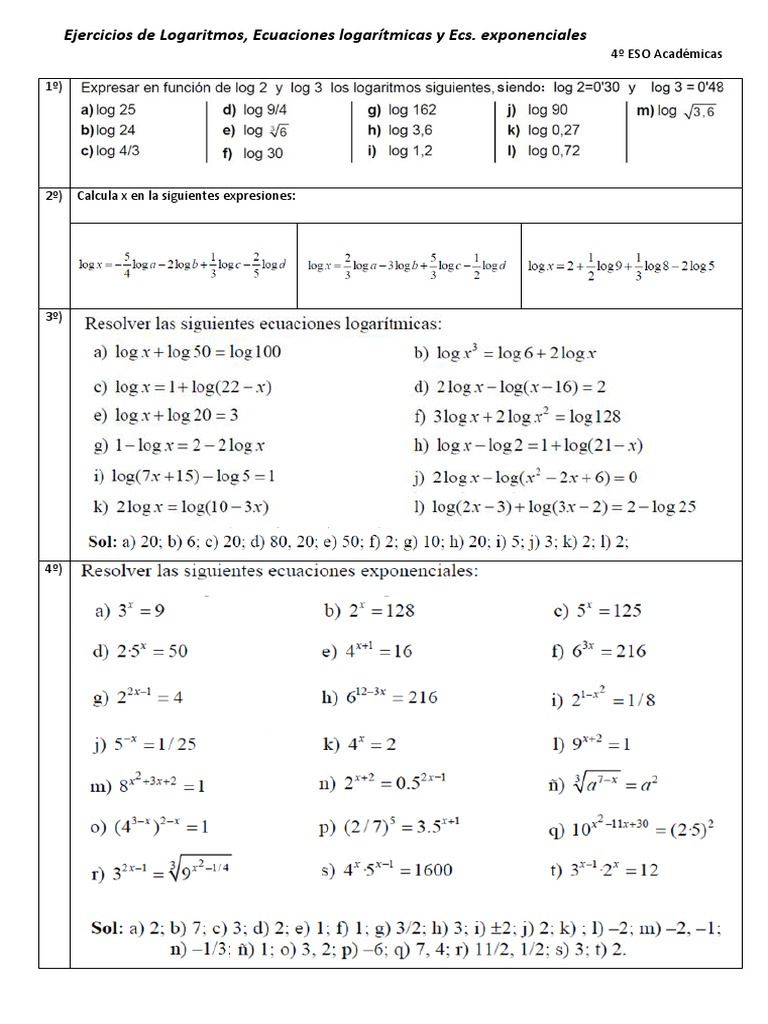 Ejercicios Logaritmos y Exponen Con Solucion | PDF