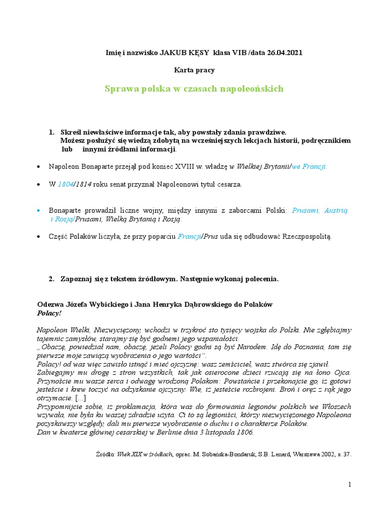 Karta Pracy Napoleon | PDF