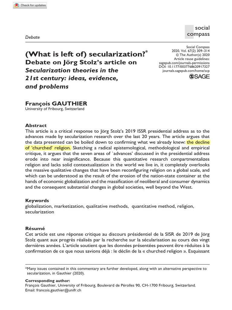 (What Is Left Of) Secularization - Gauthier | PDF | Sociology | Quantitative Research