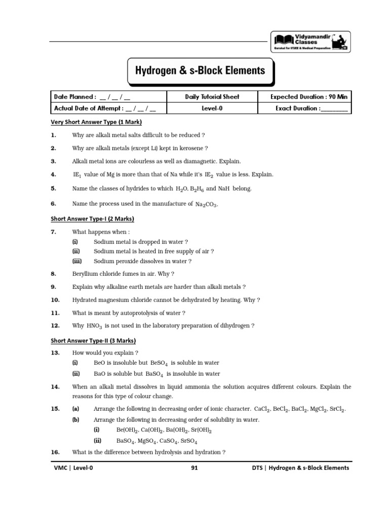 Hydrogen & S-Block Elements - DTS-0 | PDF | Hydroxide | Sodium