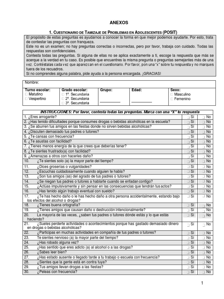 Cuestionario de Tamizaje de Problemas en Adolescentes (Posit) | PDF ...