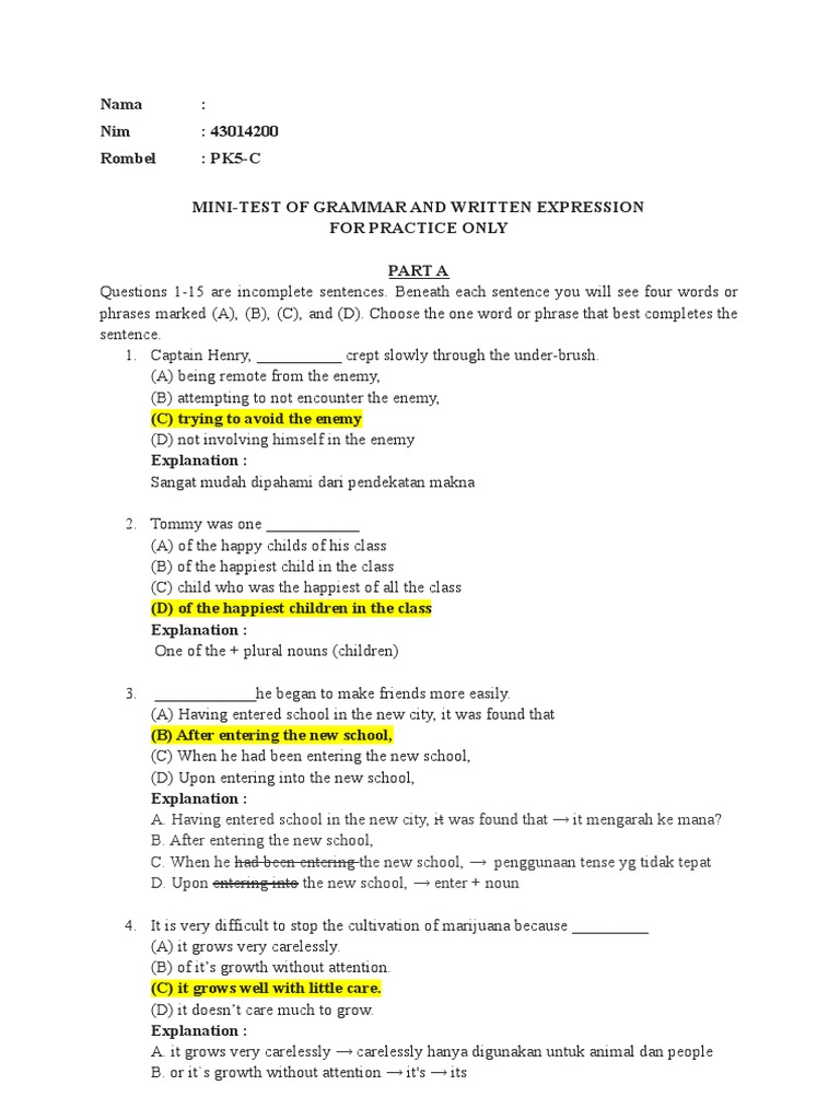 Mini-Test of Grammar and Written Expression | PDF | Grammatical Number ...