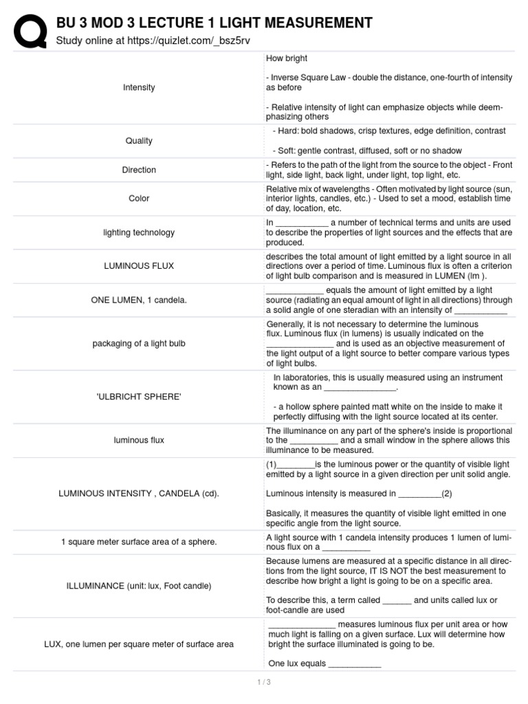 Bu 3 Mod 3 Lecture 1 Light Measurement | PDF | Quantity | Psychophysics
