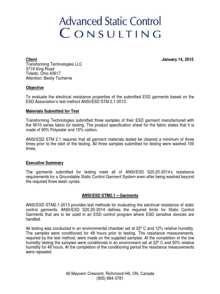 Transforming Technologies Garment Test Report January 2014 | PDF
