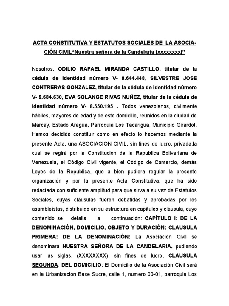 Acta Constitutiva y Estatutos Sociales de La Asociación Civil | PDF | Liquidación | Justicia
